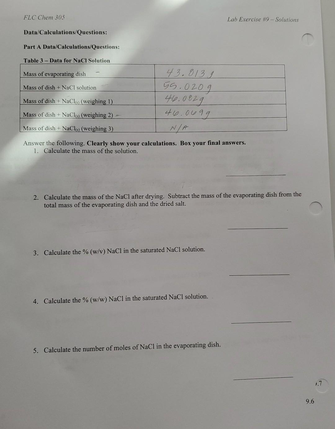 Solved FLC Chem 305 Lab Exercise #9 - Solutions | Chegg.com