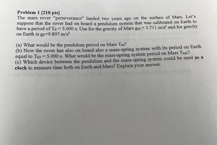 Solved Problem 1 [210 pts] The mars rover "perseverance" | Chegg.com