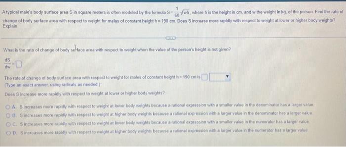 Solved A typical male's body surface area S in square meters | Chegg.com