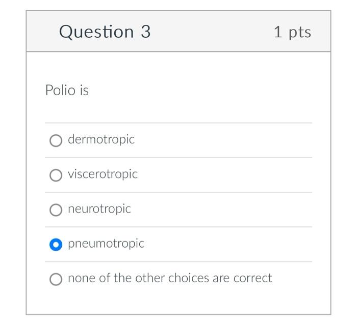 Solved Question 3 1 pts Polio is dermotropic viscerotropic | Chegg.com