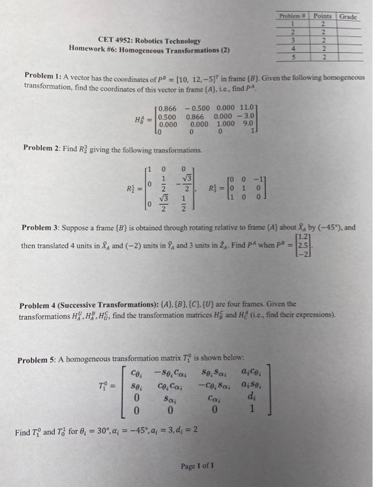 Solved Points Grade CET 4952: Robotics Technology Homework | Chegg.com