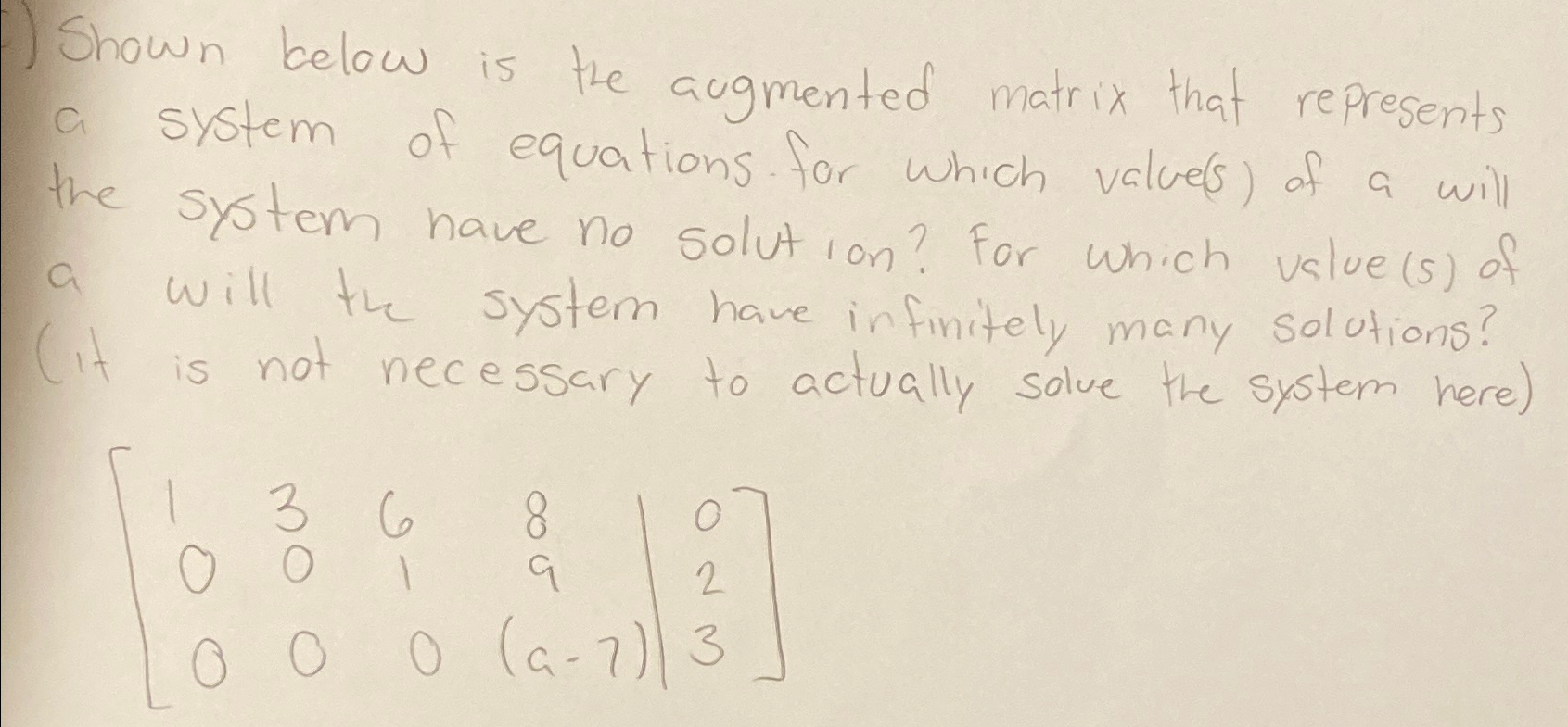 Solved Shown below is the augmented matrix that represents a | Chegg.com