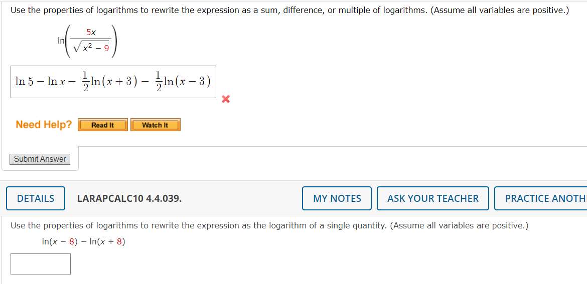 Solved Use the properties of logarithms to rewrite the | Chegg.com