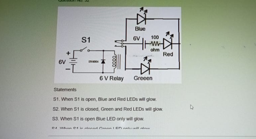 Solved StatementsS1. ﻿When S1 ﻿is open, Blue and Red LEDs | Chegg.com