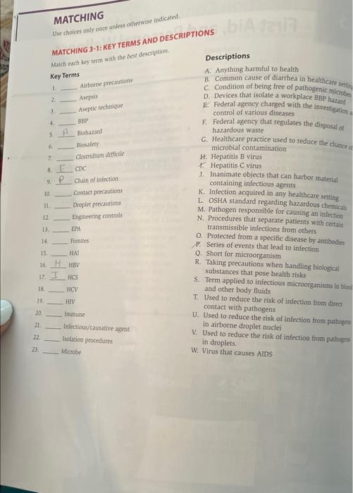 Solved MATCHING Use choices only once unless otherwise | Chegg.com