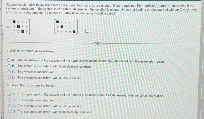 Solved Suppose each matrix below represents the augmented | Chegg.com