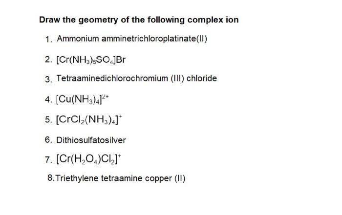 Solved Draw the geometry of the following complex ion 1. | Chegg.com