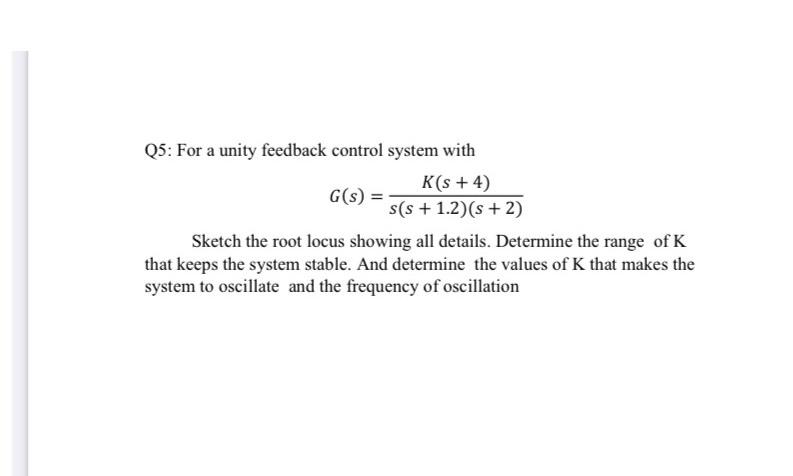 Solved Q5: For a unity feedback control system | Chegg.com