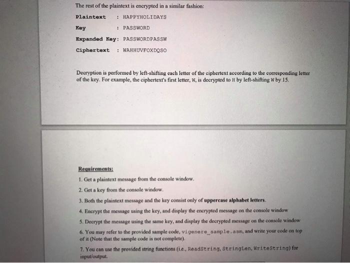 Vigenère cipher Write an assembly language program | Chegg.com