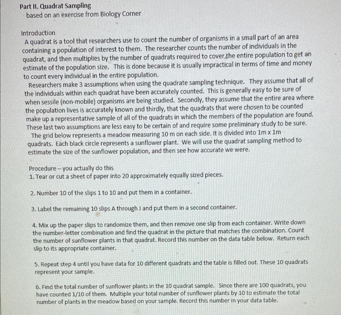 Solved Part II. Quadrat Sampling based on an exercise from | Chegg.com