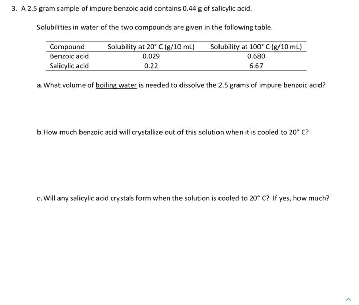 Solved 3. A 2.5 gram sample of impure benzoic acid contains | Chegg.com