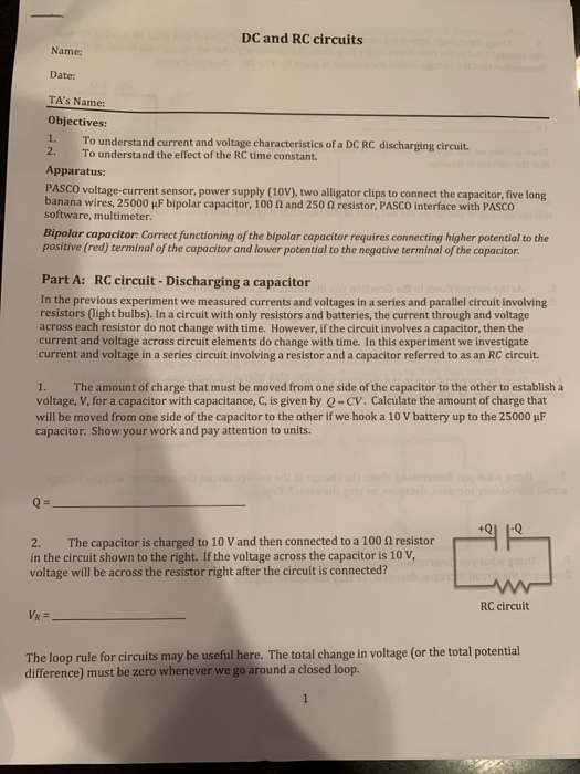 Solved DC and RC circuits Name: Date: TA's Name: Objectives: | Chegg.com
