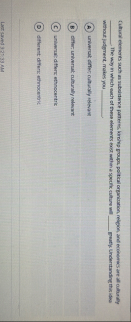 Solved Cultural elements such as subsistence patterns, | Chegg.com