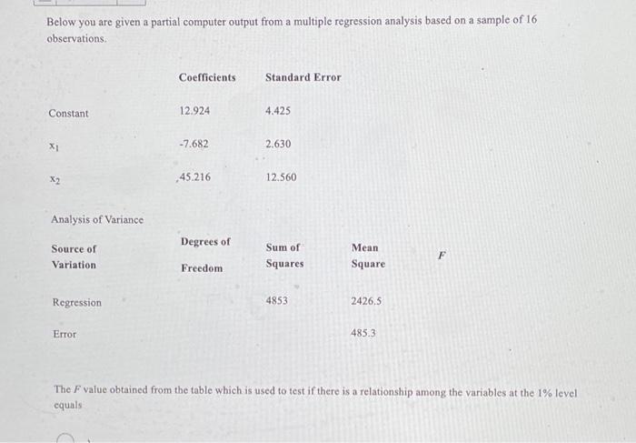 Solved Below you are given a partial computer output from a | Chegg.com
