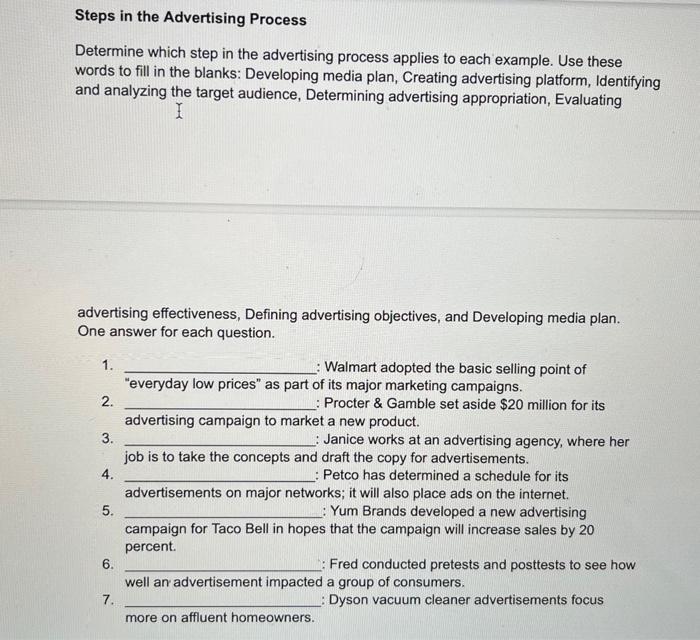 Solved Steps in the Advertising Process Determine which step | Chegg.com