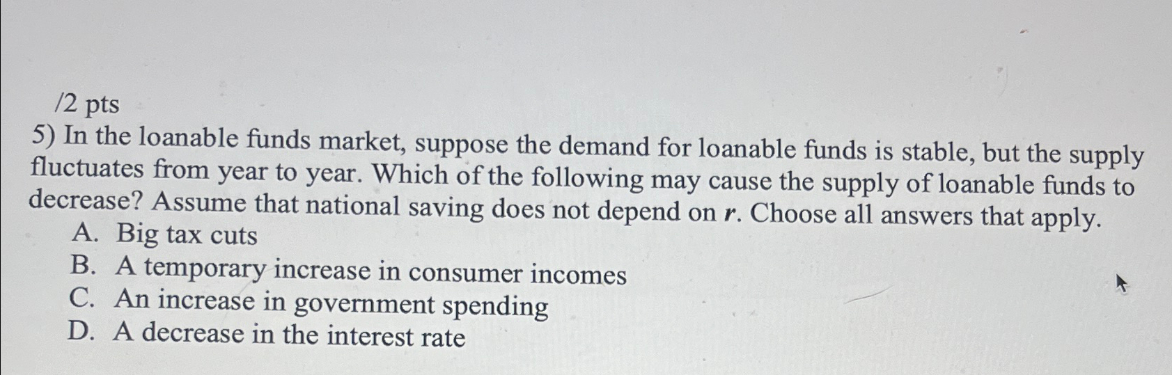 Solved ?2ptsIn the loanable funds market, suppose the demand | Chegg.com
