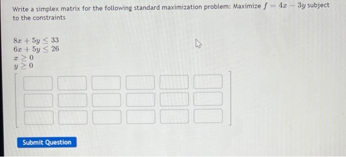 Solved Write a simplex matrix for the following standard | Chegg.com