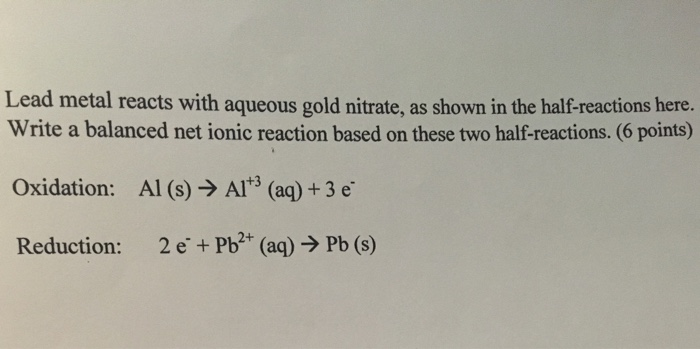 Solved Lead metal reacts with aqueous gold nitrate, as shown | Chegg.com