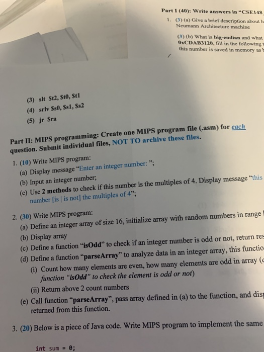 Solved Part 1 (40): Write answers in "CSE148 1. (3) (a) Give | Chegg.com