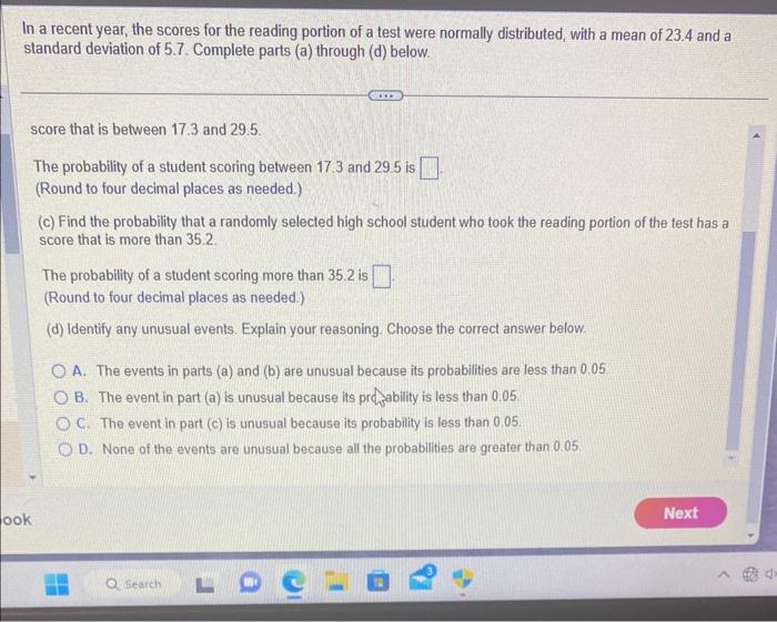 Solved In a recent year, the scores for the reading portion | Chegg.com