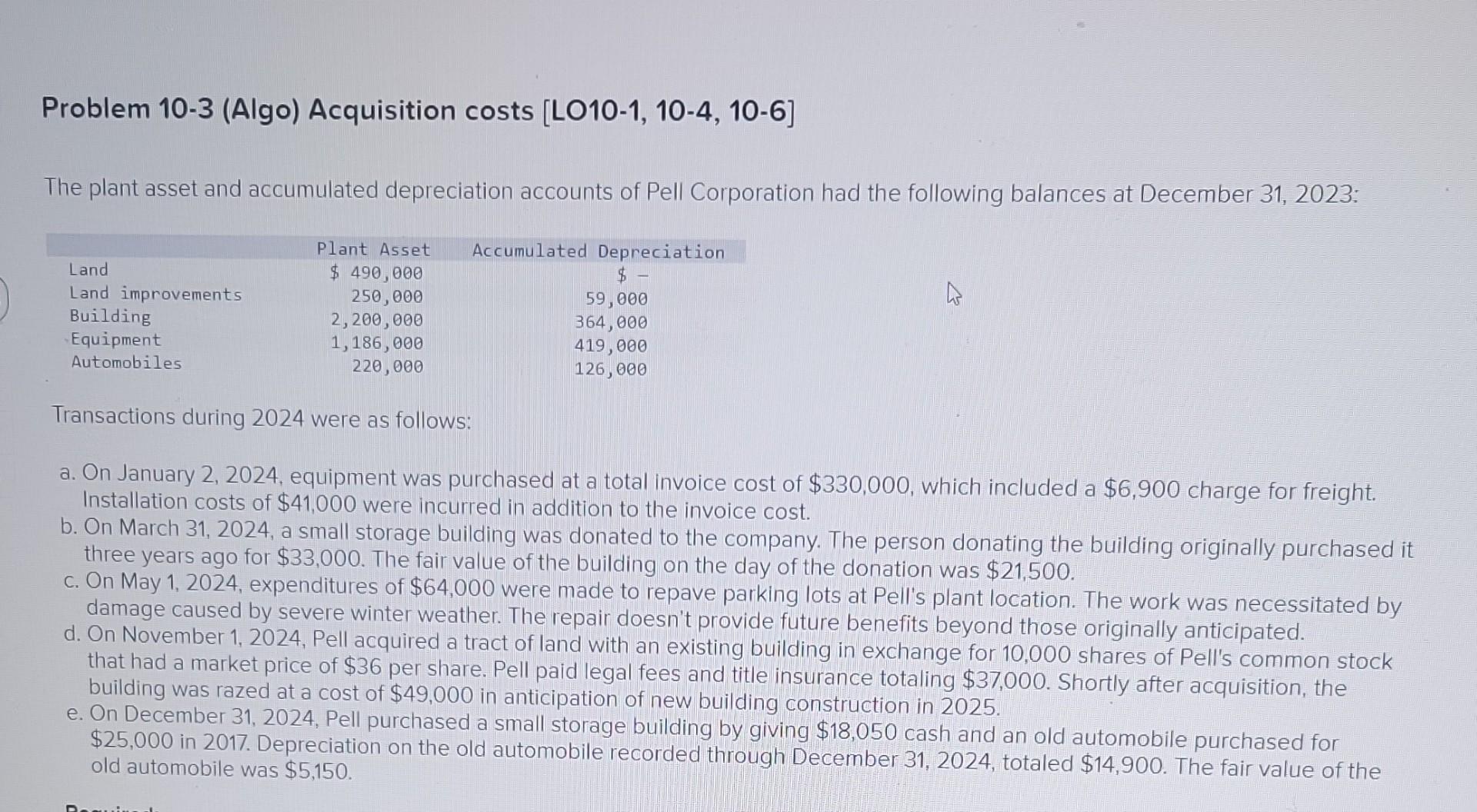 Solved Problem 10-3 (Algo) Acquisition costs [LO10-1, 10-4, | Chegg.com