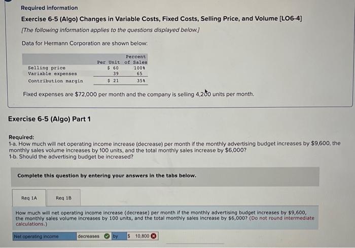 Solved Required information Exercise 6-5 (Algo) Changes in | Chegg.com