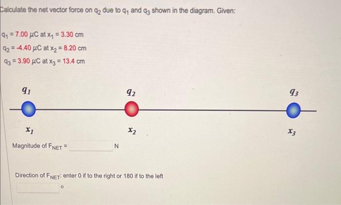 [Solved]: Calculate the net vector force on q2 due to q1 an