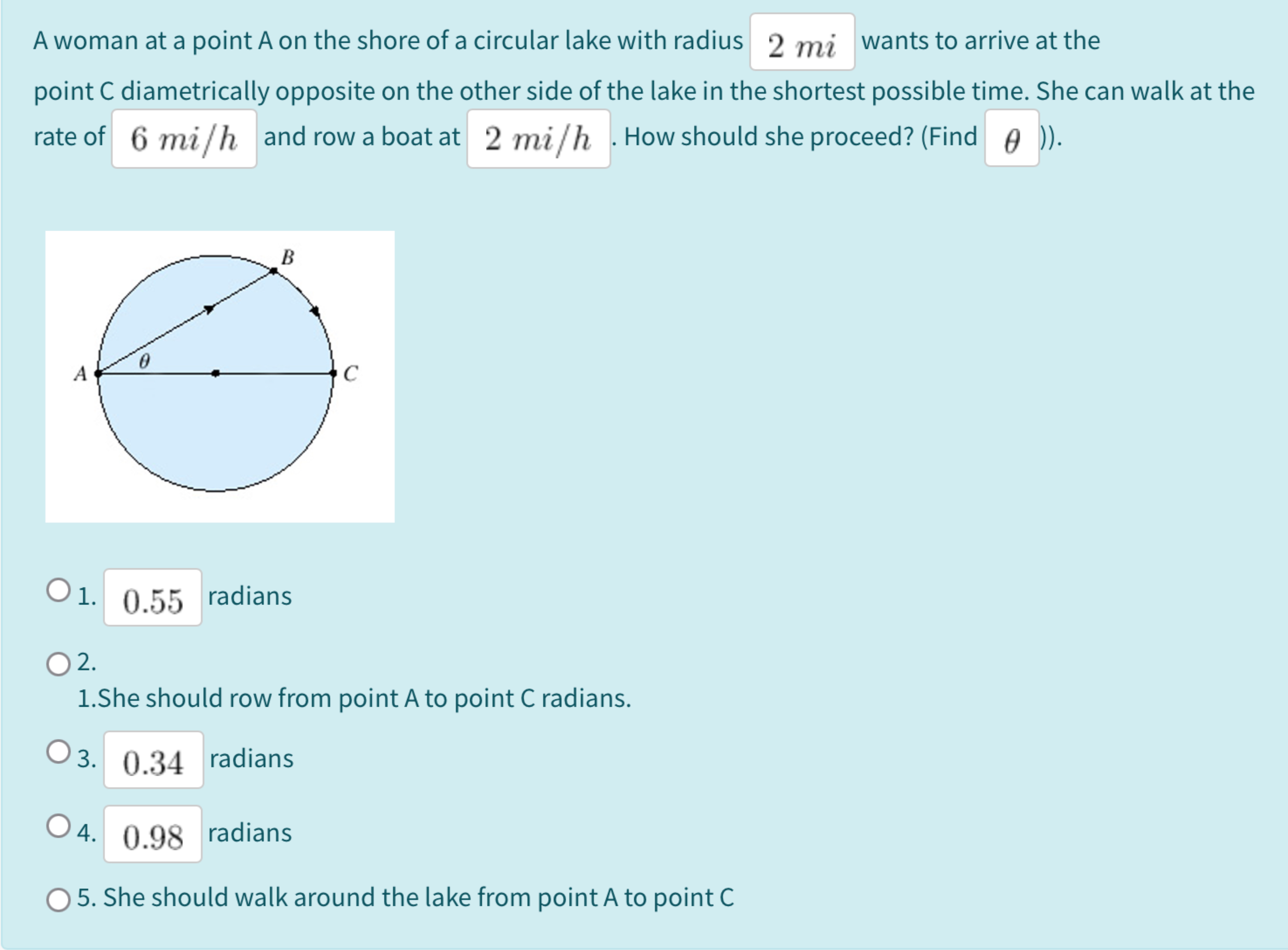 Solved A woman at a point A ﻿on the shore of a circular lake | Chegg.com