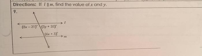 Solved Directions: If l∥m, find the value of x and y. | Chegg.com