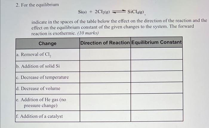 Solved 2. For the equilibrium Si(s)+2Cl2( g)=SiCl4( g), | Chegg.com