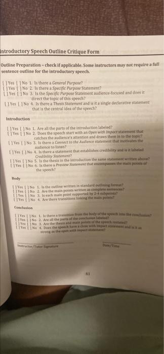 Introductory Speech Outline Critique Form Outline | Chegg.com