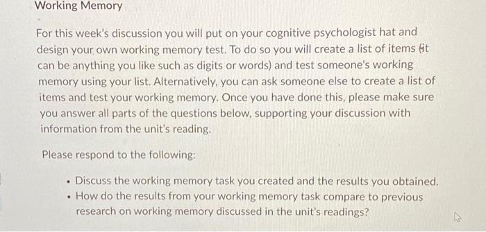 Working Memory For this week's discussion you will | Chegg.com