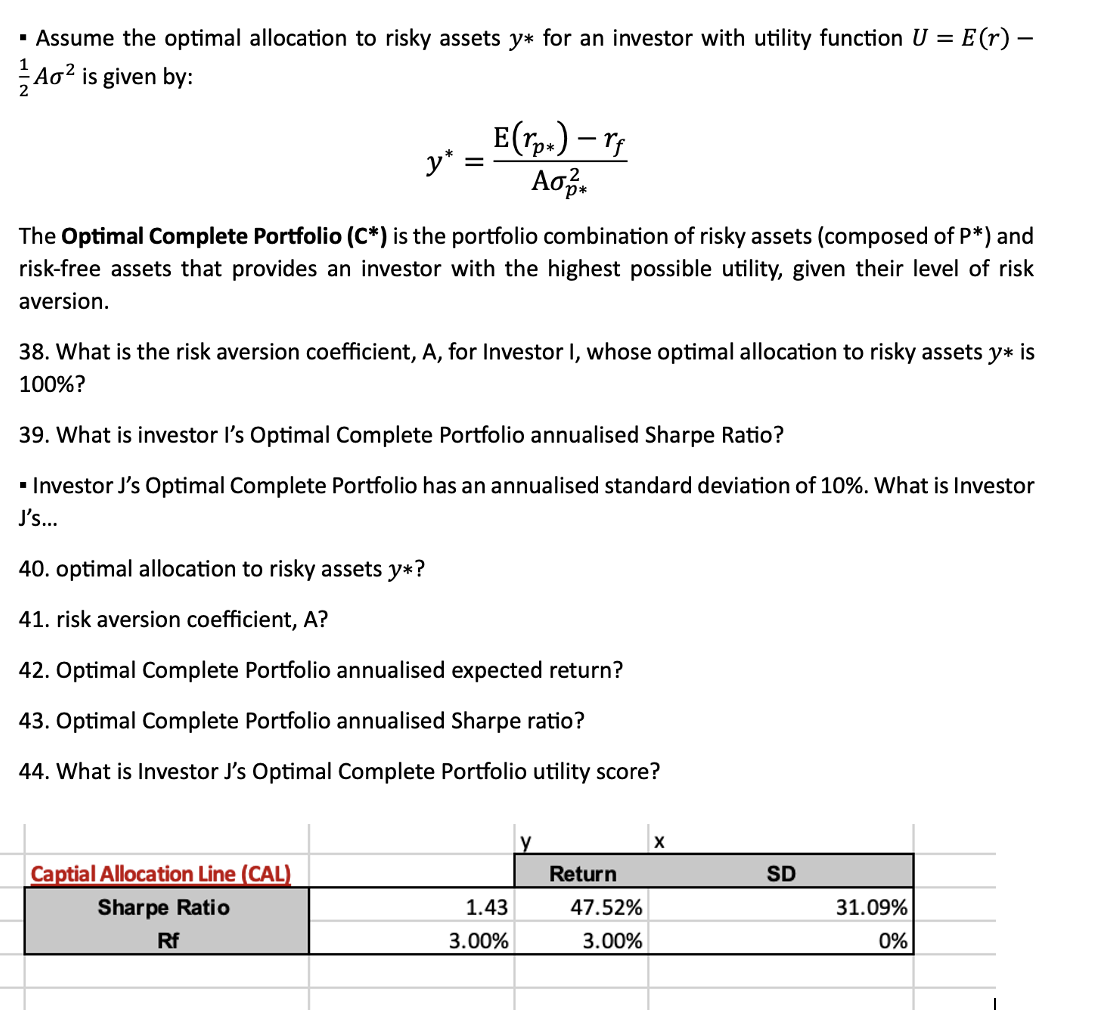 Solved Assume the optimal allocation to risky assets y** | Chegg.com