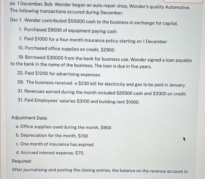 Solved on 1 December, Bob Wonder began an auto repair shop, | Chegg.com