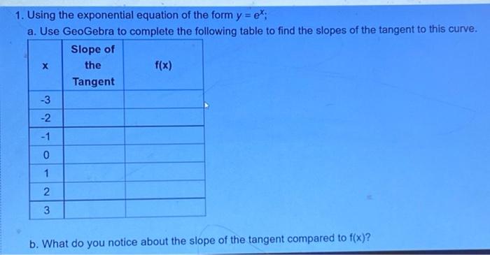 Solved 1. Using the exponential equation of the form y = e*: | Chegg.com