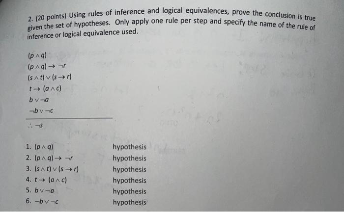 Solved 2. (20 points) Using rules of inference and logical | Chegg.com