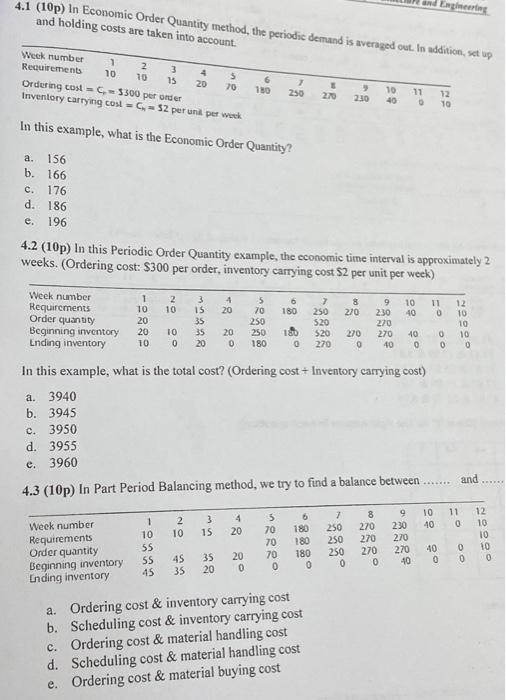 Solved 4.1 (10p) In Economic Order Quantity method, the | Chegg.com