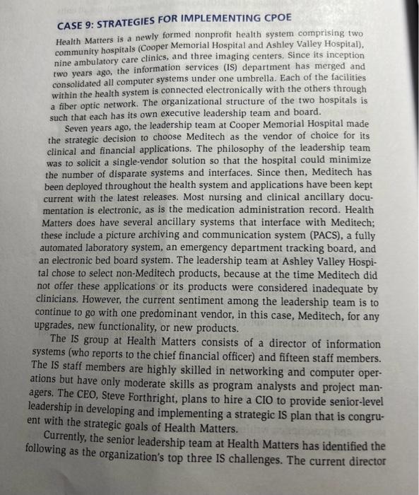 Solved CASE 9: STRATEGIES FOR IMPLEMENTING CPOE Health | Chegg.com