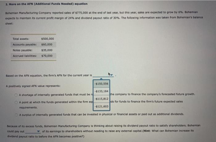 Solved 2. More on the AFN (Additional Funds Needed) equation | Chegg.com