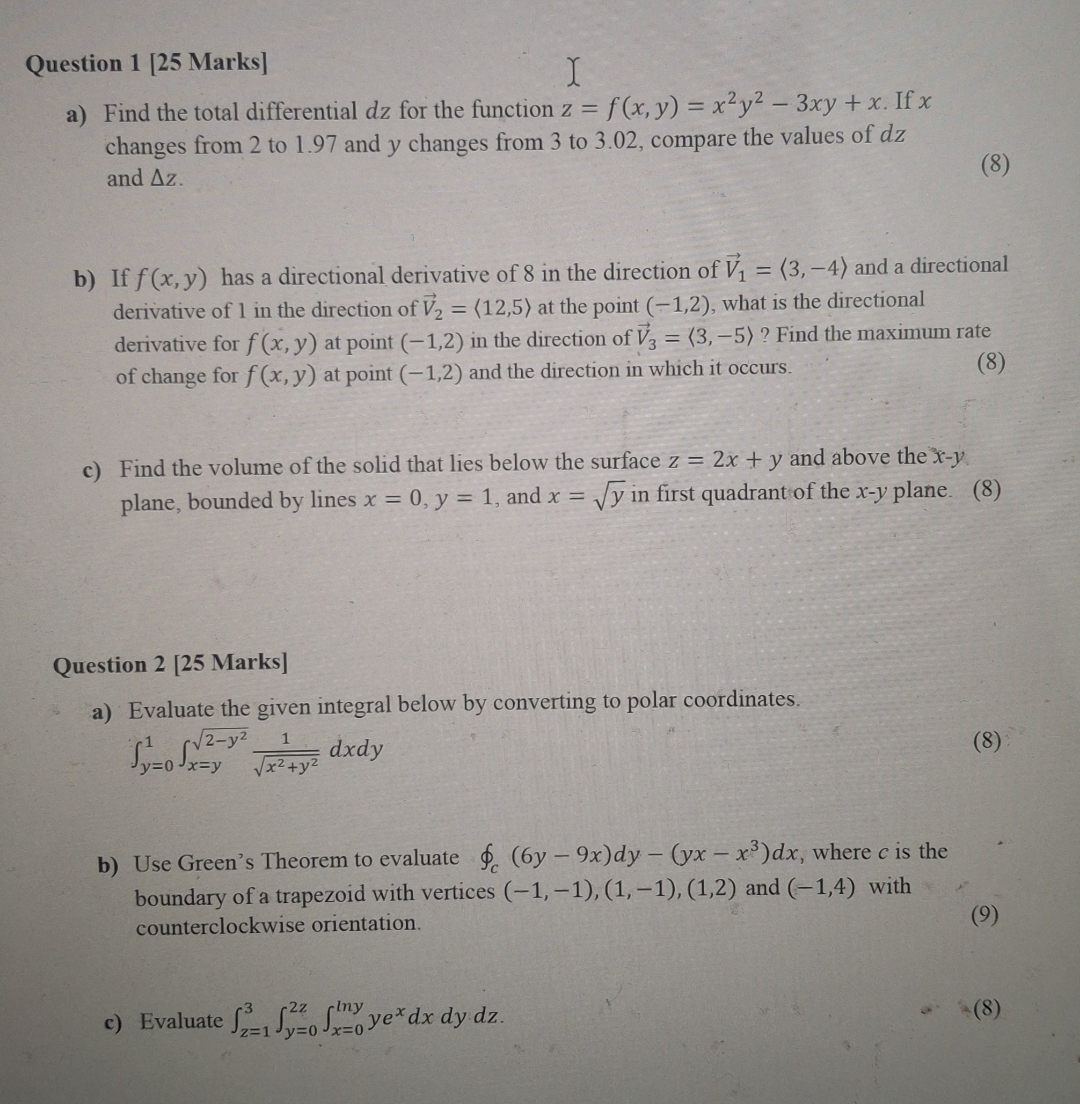 Solved Question 1 [25 ﻿Marks]a) ﻿Find the total differential | Chegg.com