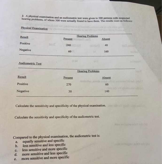 Solved 2. A physical examination and an audiometric test | Chegg.com