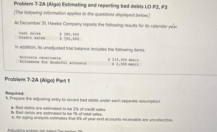 Solved Problem 7-2A (Algo) Estimating and reporting bad | Chegg.com