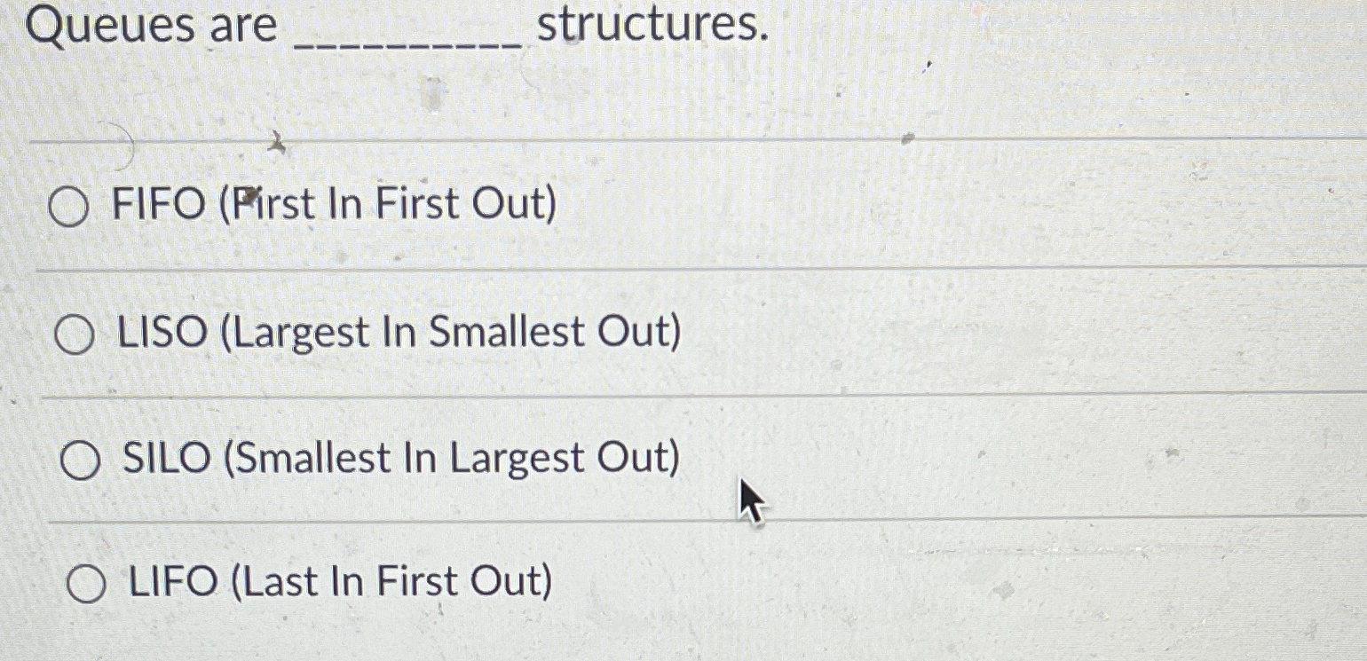 Solved Queues are structures.FIFO (First In First Out)LISO | Chegg.com