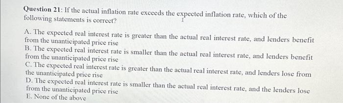 Solved Question 21: If the actual inflation rate exceeds the | Chegg.com