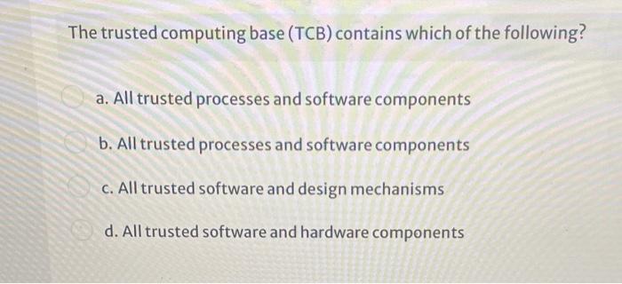 Solved The trusted computing base (TCB) contains which of | Chegg.com