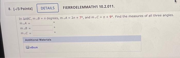 Solved 8. [-/3 Points] DETAILS In AABC, m B = n degrees, mA | Chegg.com