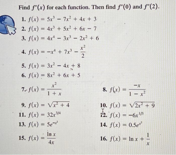 Solved Find f′′(x) for each function. Then find f′′(0) and | Chegg.com