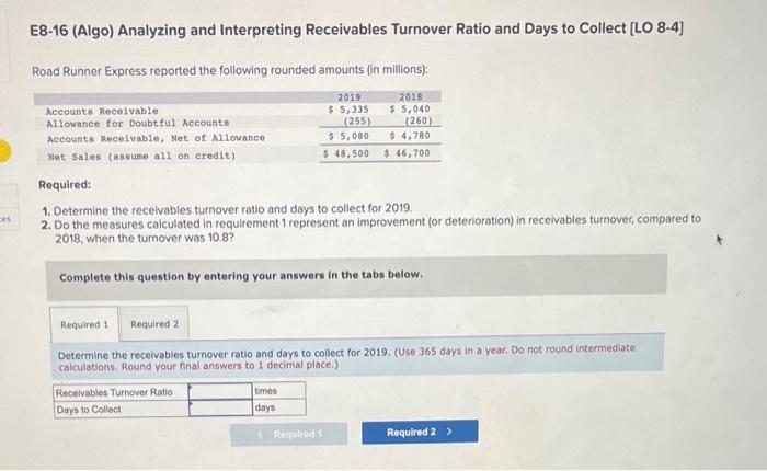 Solved E8-16 (Algo) Analyzing and Interpreting Receivables | Chegg.com