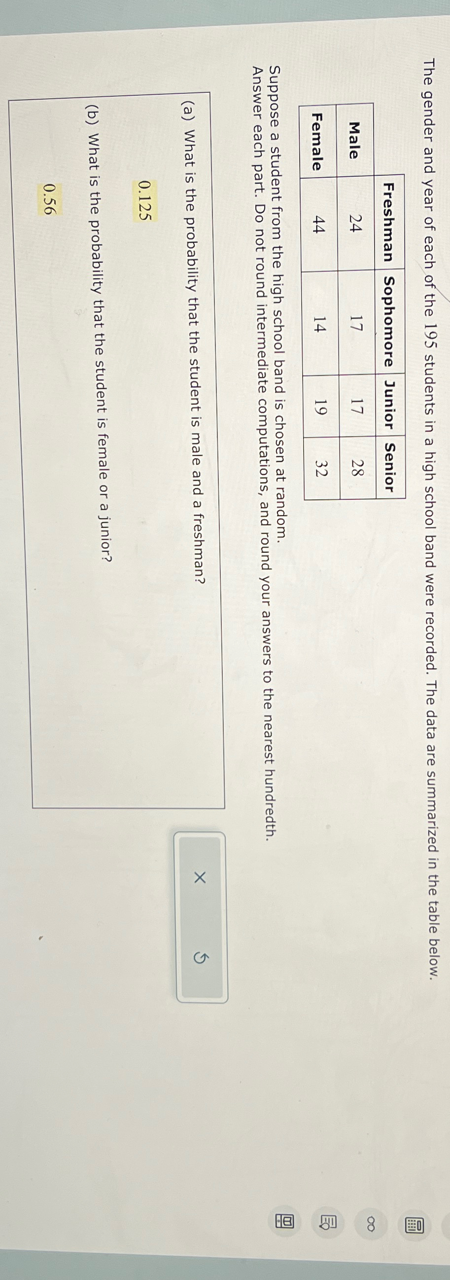 Solved The gender and year of each of the 195 ﻿students in a | Chegg.com