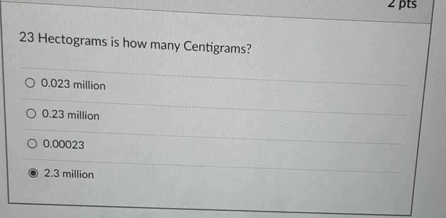 Solved 2 pts 23 Hectograms is how many Centigrams? O 0.023 | Chegg.com